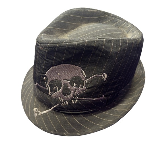 Accessories | Black Pinstripe Skull Fedora Hat Sm Gothic Punk Rock ...